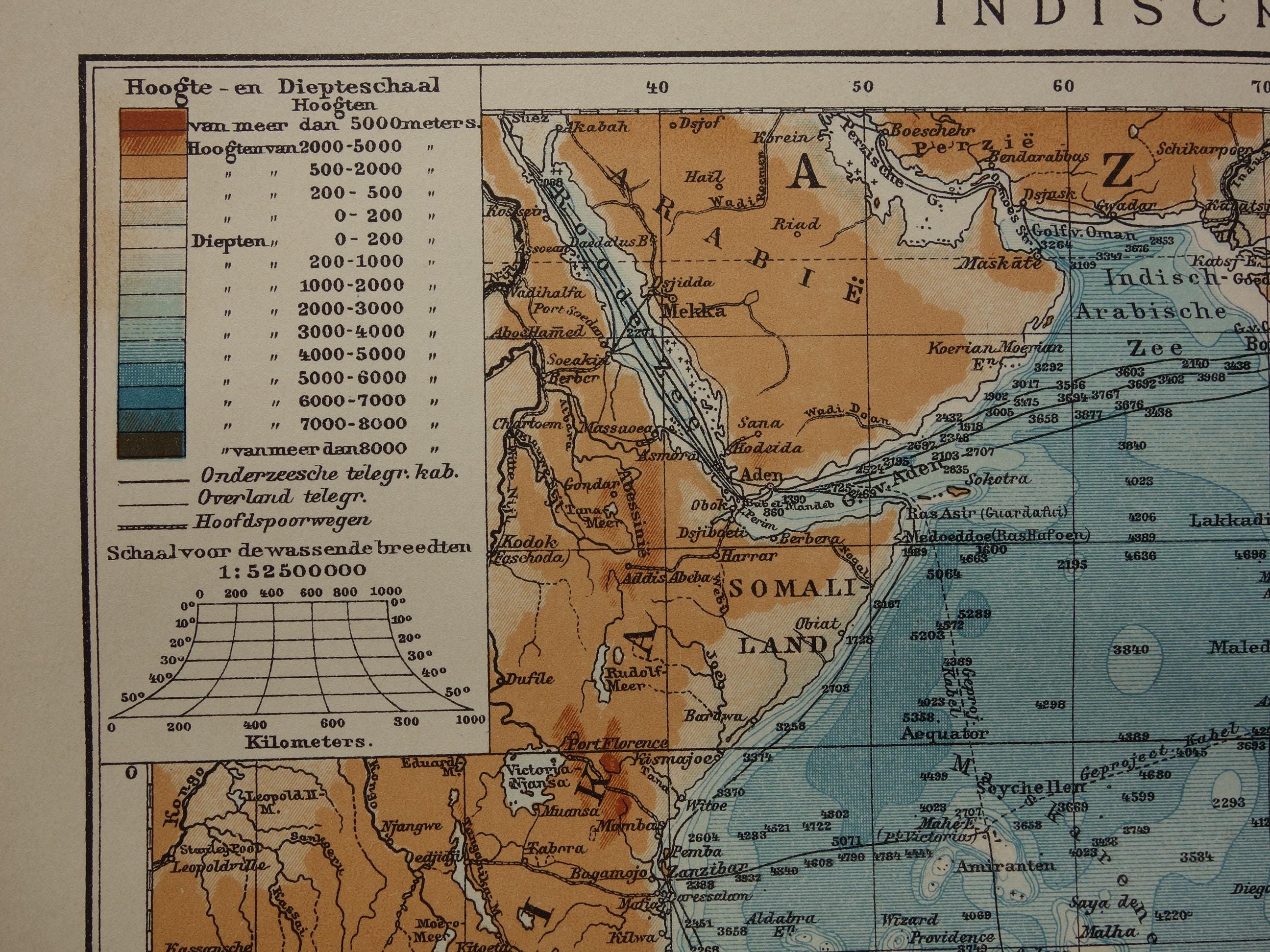 Old Sea Map of Indian Ocean 1918 Original Dutch Antique Chart About ...
