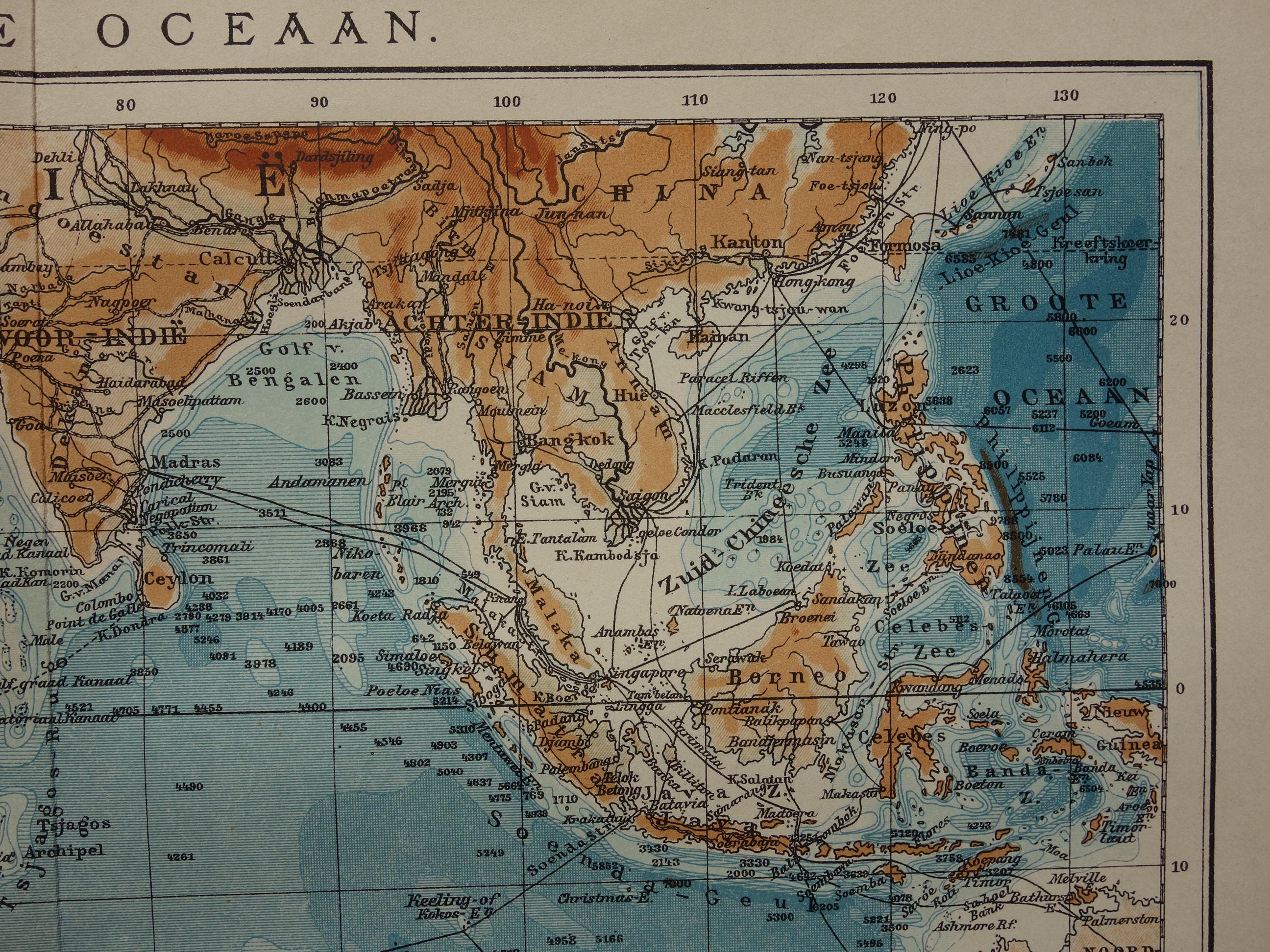 Old Sea Map of Indian Ocean 1918 Original Dutch Antique Chart About ...