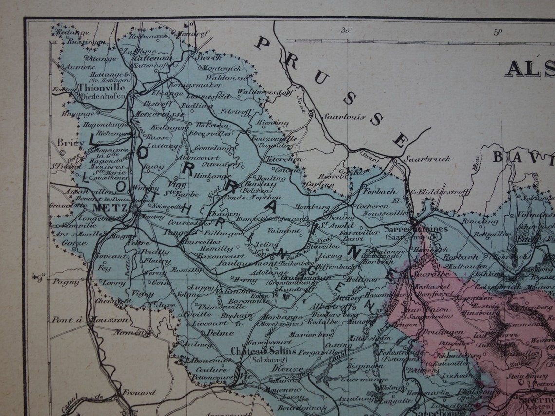 Original 1877 Old Map of Alsace Lorraine Antique French Print - Etsy