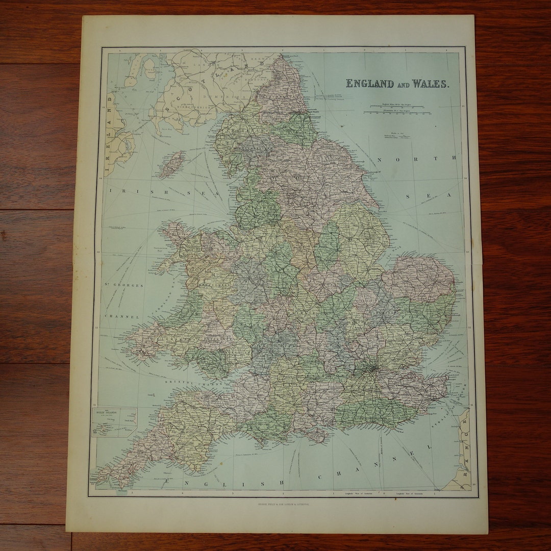ENGLAND Old Map Large 1890 Original Antique Poster von England und ...