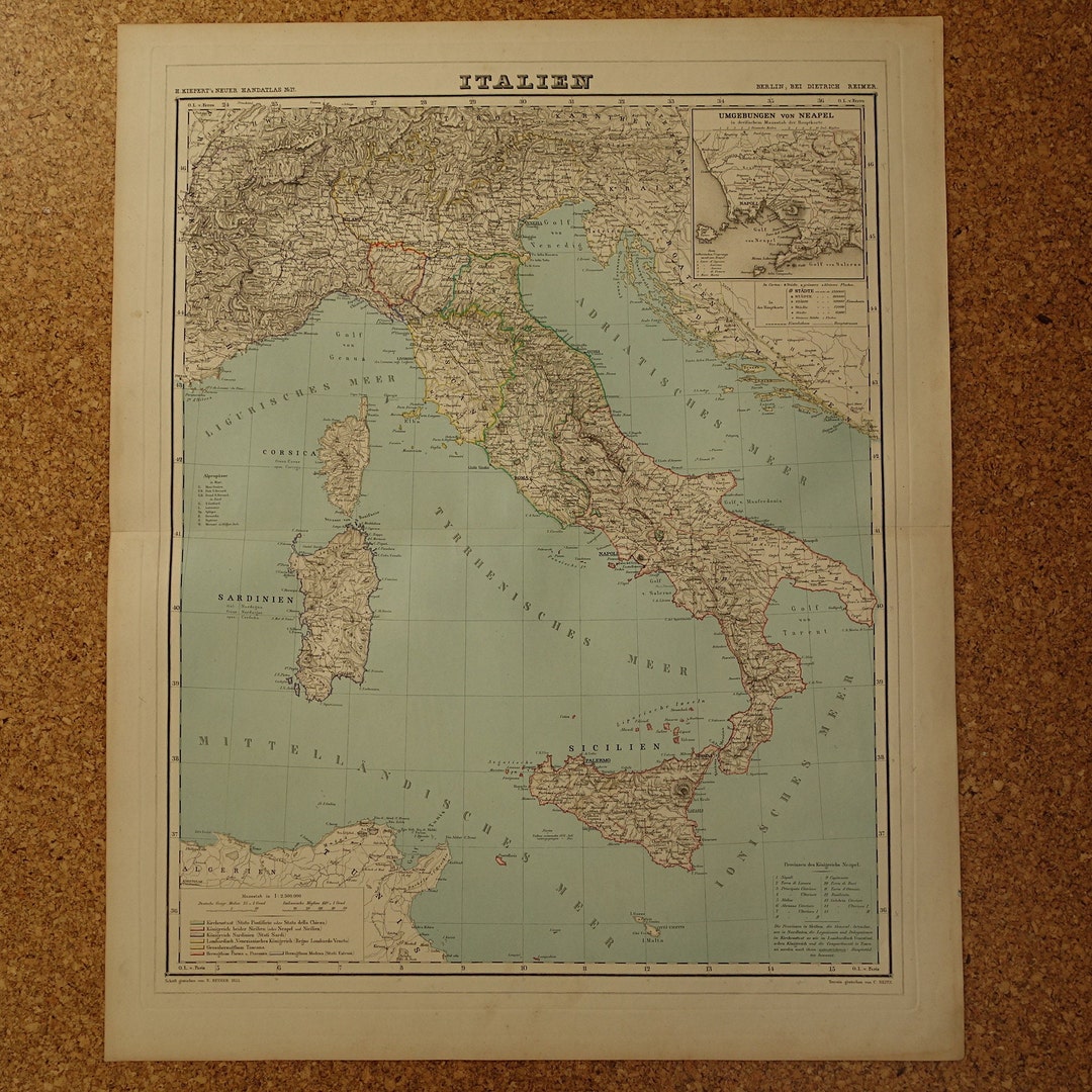 ITALY Old Map of Italy LARGE Beautiful Original 1860 Vintage Antique ...