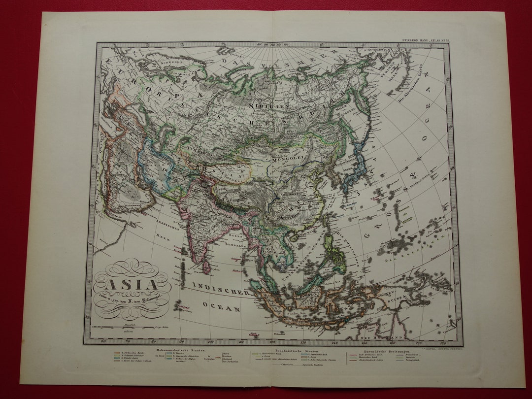 ASIA Antique Map of ASIA Large 1878 Old Print of Colonial Asia Original ...
