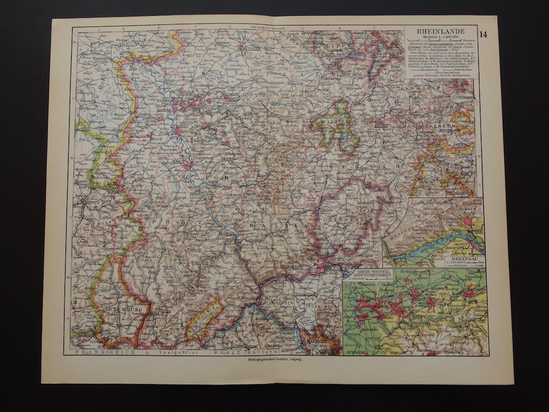 1928 Old Map of Rhine Country - Vintage Print About Germany - Wiesbaden ...