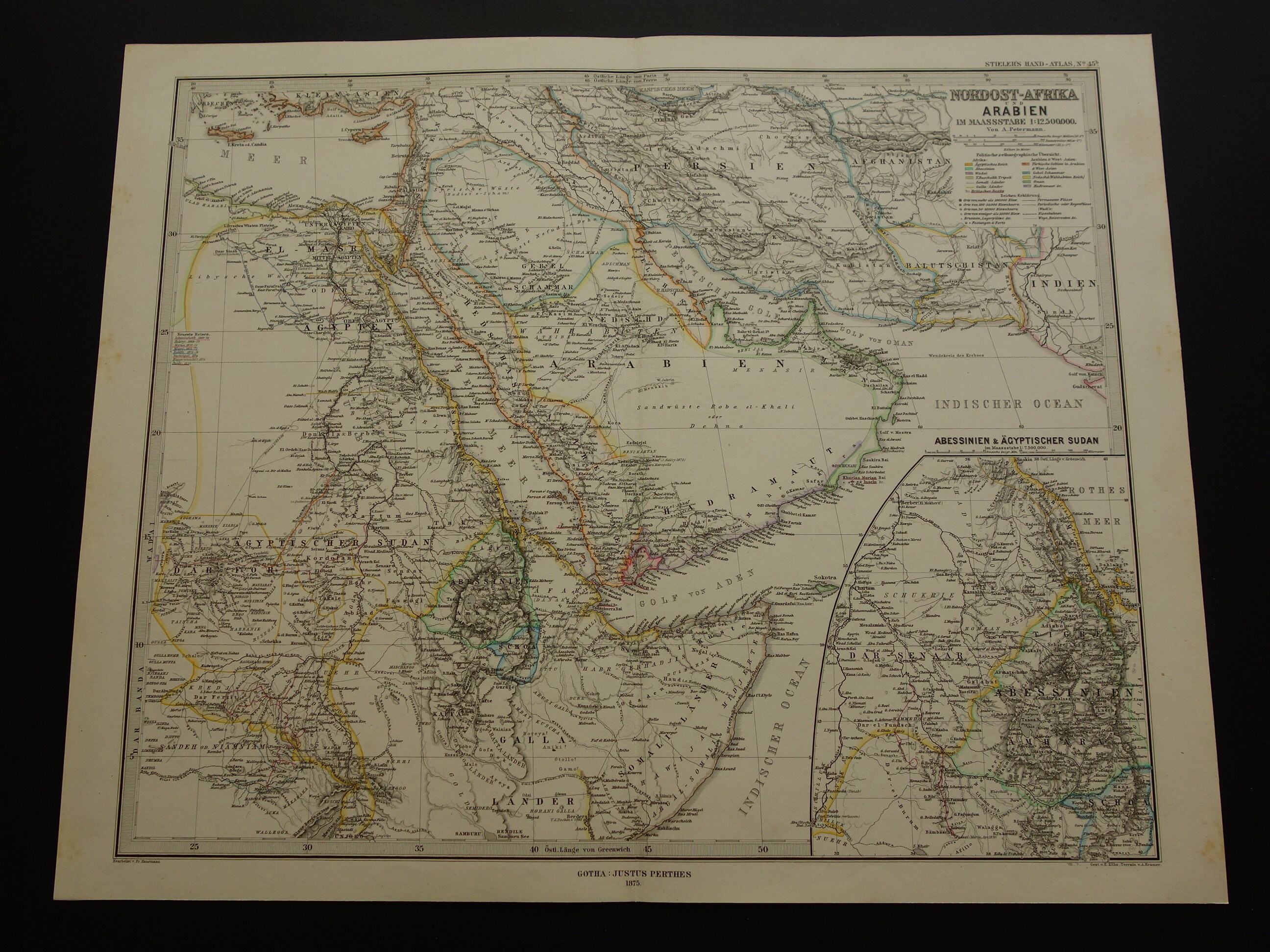 Large 1875 Map of Saudi Arabia Beautiful Original Hand-colored Old ...