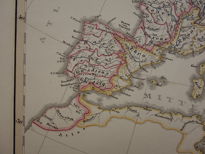 EUROPE Antique Geology Map of Europe - Beautiful Original 1859 Hand ...