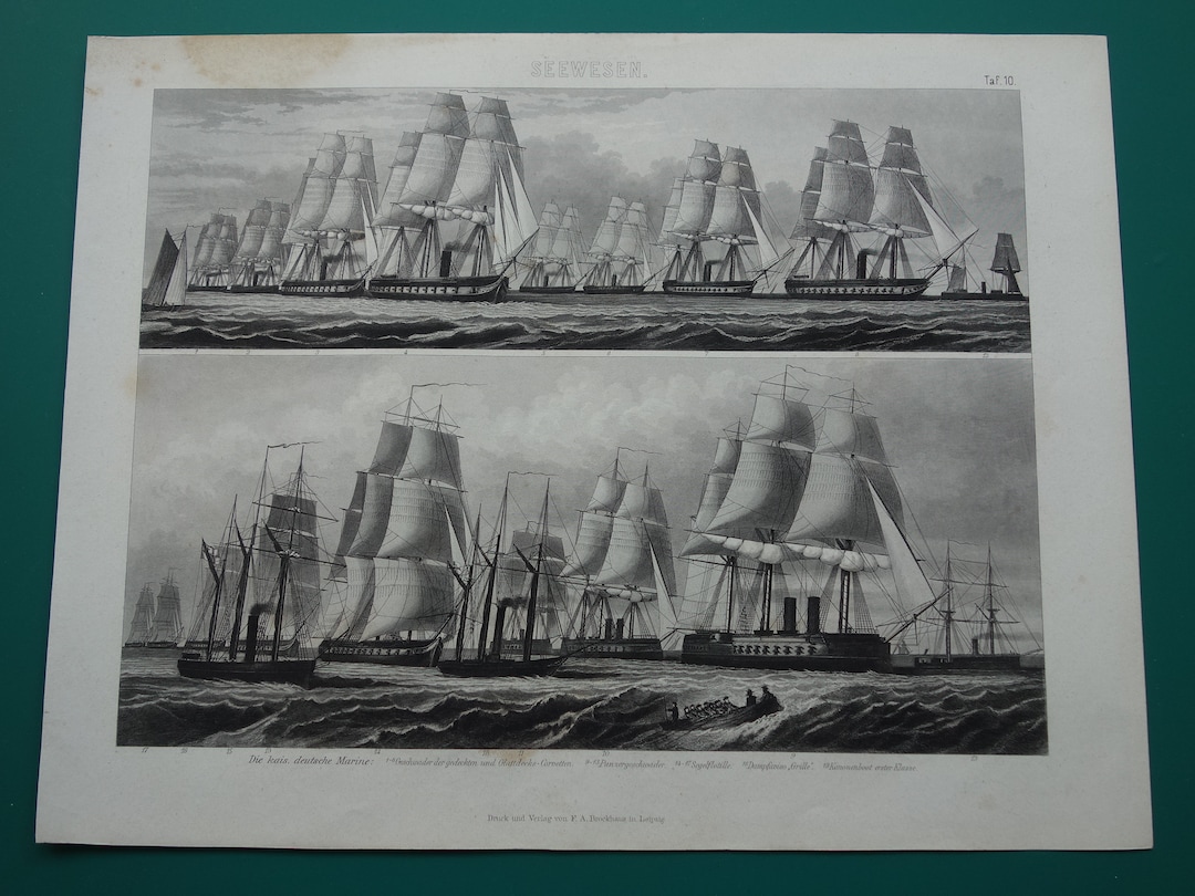 German Fleet Old Naval Print From 1870 Original Antique Ship Tall Ships ...
