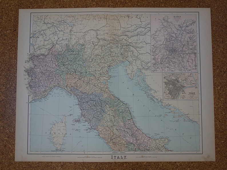 ITALY Old Map Large 1890 Original Antique Poster of Italy 28x43" Big ...