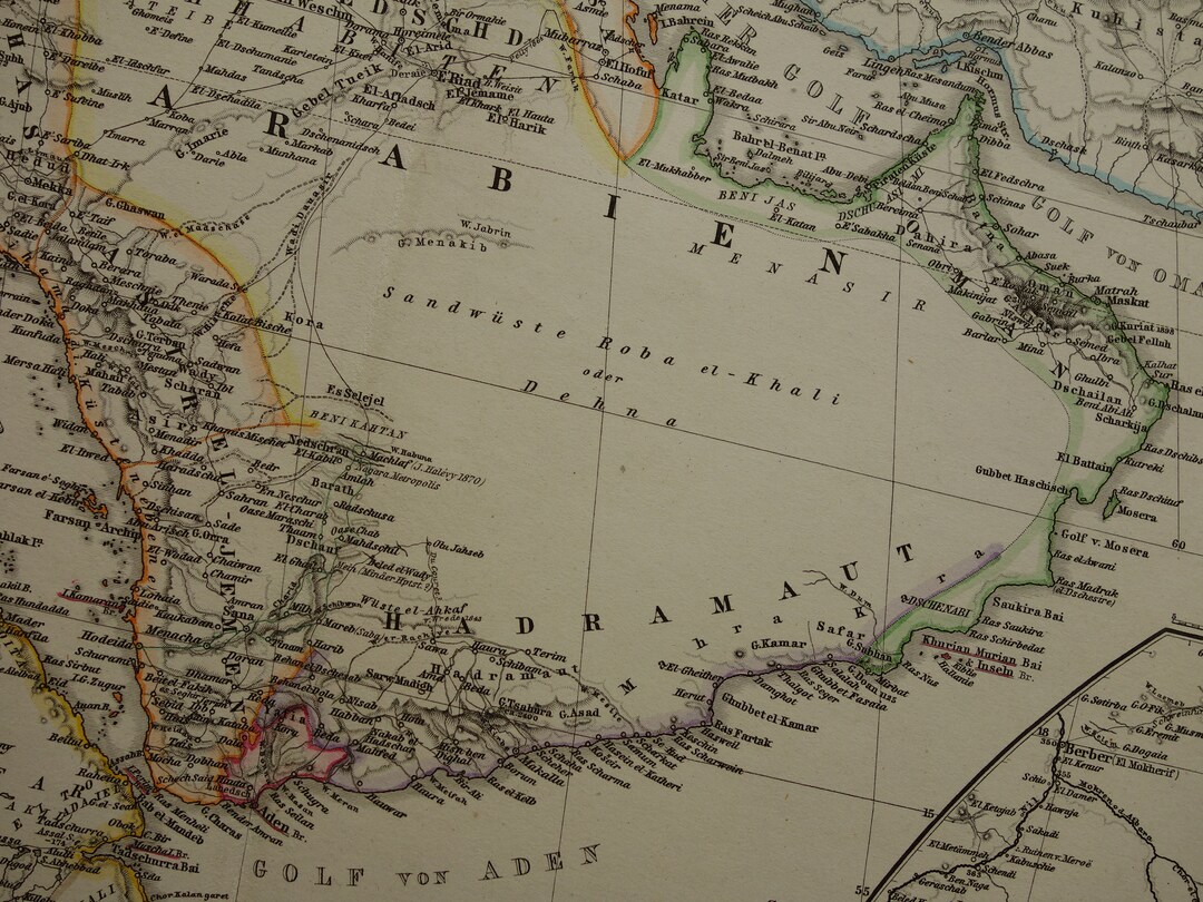 Large 1875 Map of Saudi Arabia Beautiful Original Hand-colored Old ...