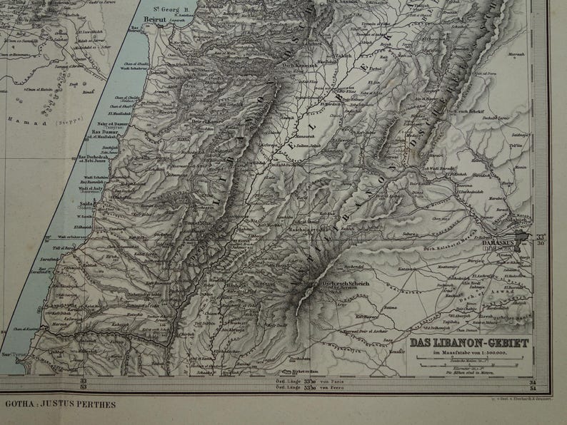 Large Map of Palestine Lebanon 1886 Beautiful Hand-colored Old Poster ...