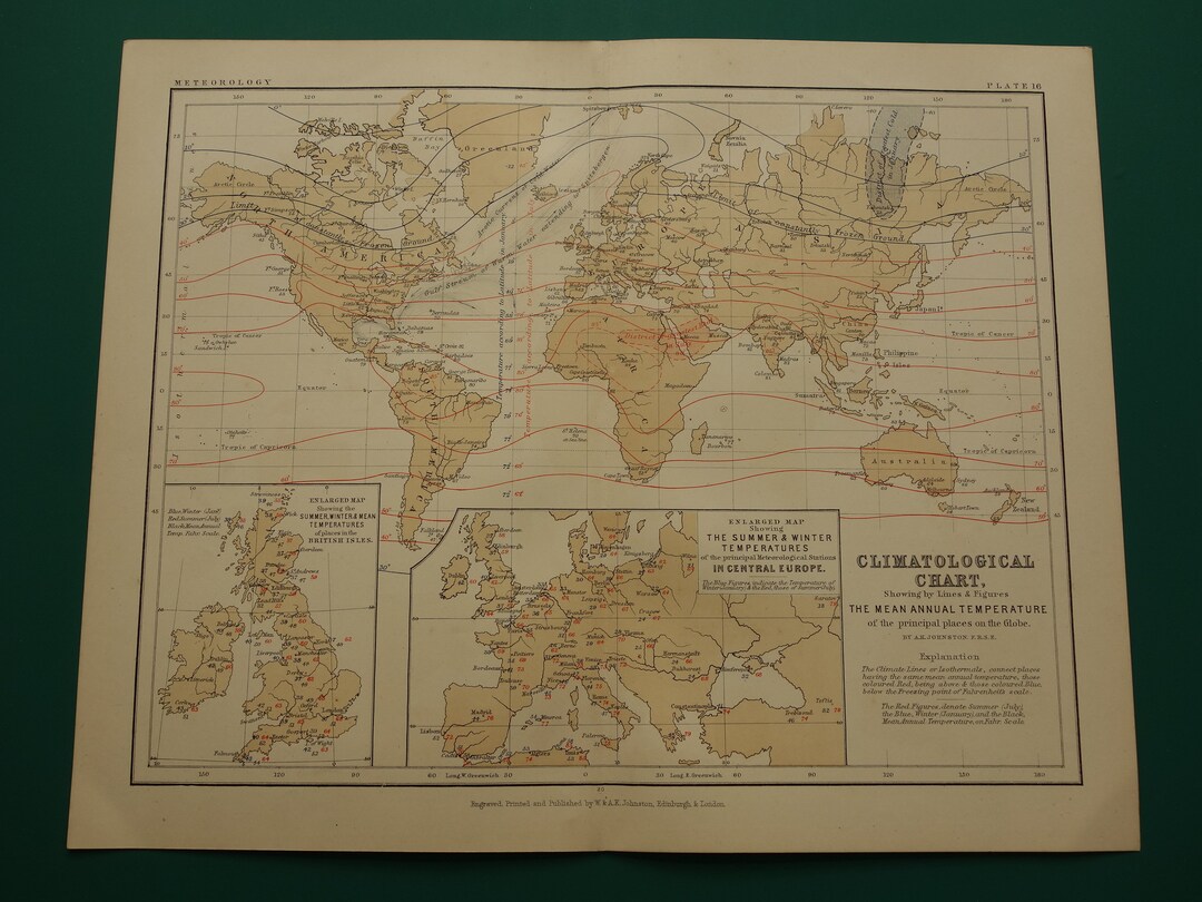 Old World Climate Map of Average Temperature 1879 Original Antique ...