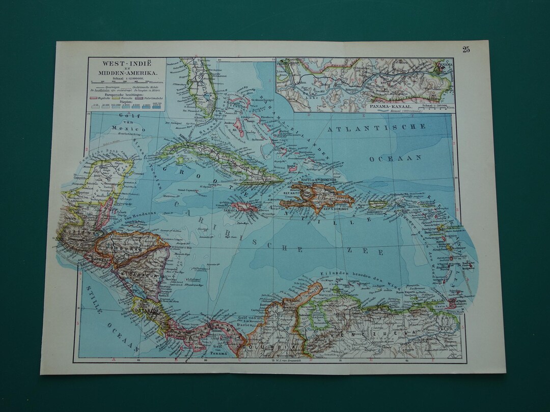 CARIBBEAN Vintage Map of the Caribbean Detailed 1928 Original Old Print ...