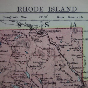 RHODE ISLAND Map 1886 Original Antique Old Print of State RI Usa ...