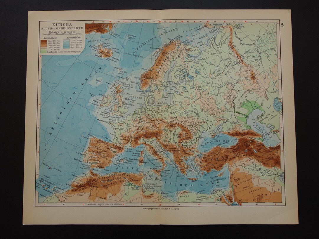 EUROPE Old Map of Europe 1928 Original Antique Altitude Print of the ...