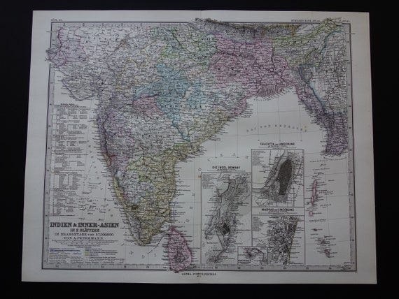 INDIA Old Map 1877 LARGE Original Hand-colored Antique Print - Etsy