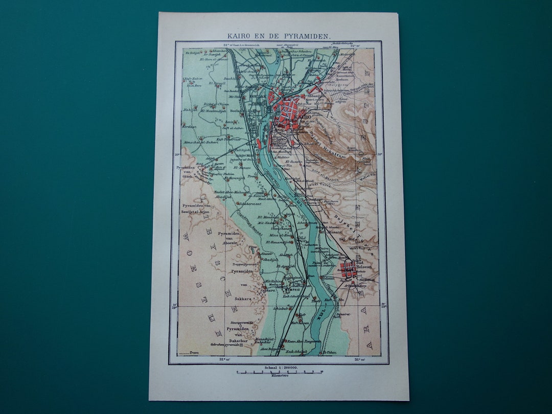 Antique Map of Cairo and Pyramids Egypt 1909 Original Dutch Old Print ...