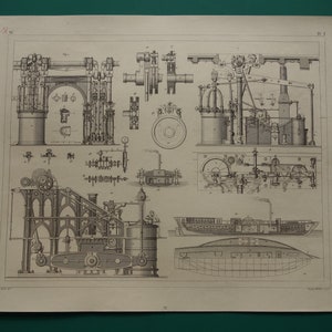 1849 SHIPS Old Print of Marine Steam Engine Antique Maritime Poster ...