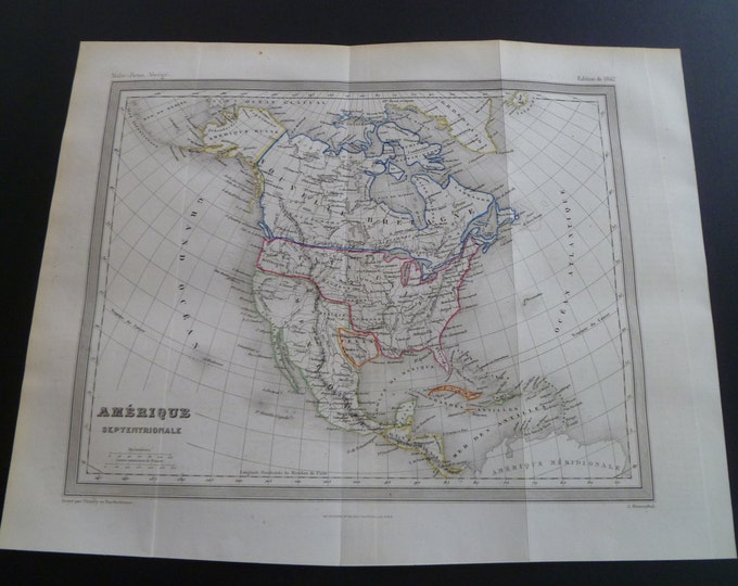 1842 Antique French Map of North America Old Print About USA Dominion ...