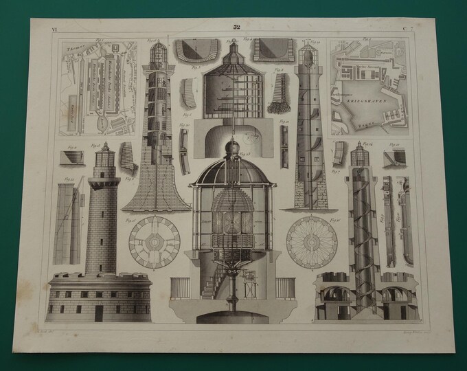1849 LIGHTHOUSE Old Print of Lighthouses - Antique Maritime Poster ...