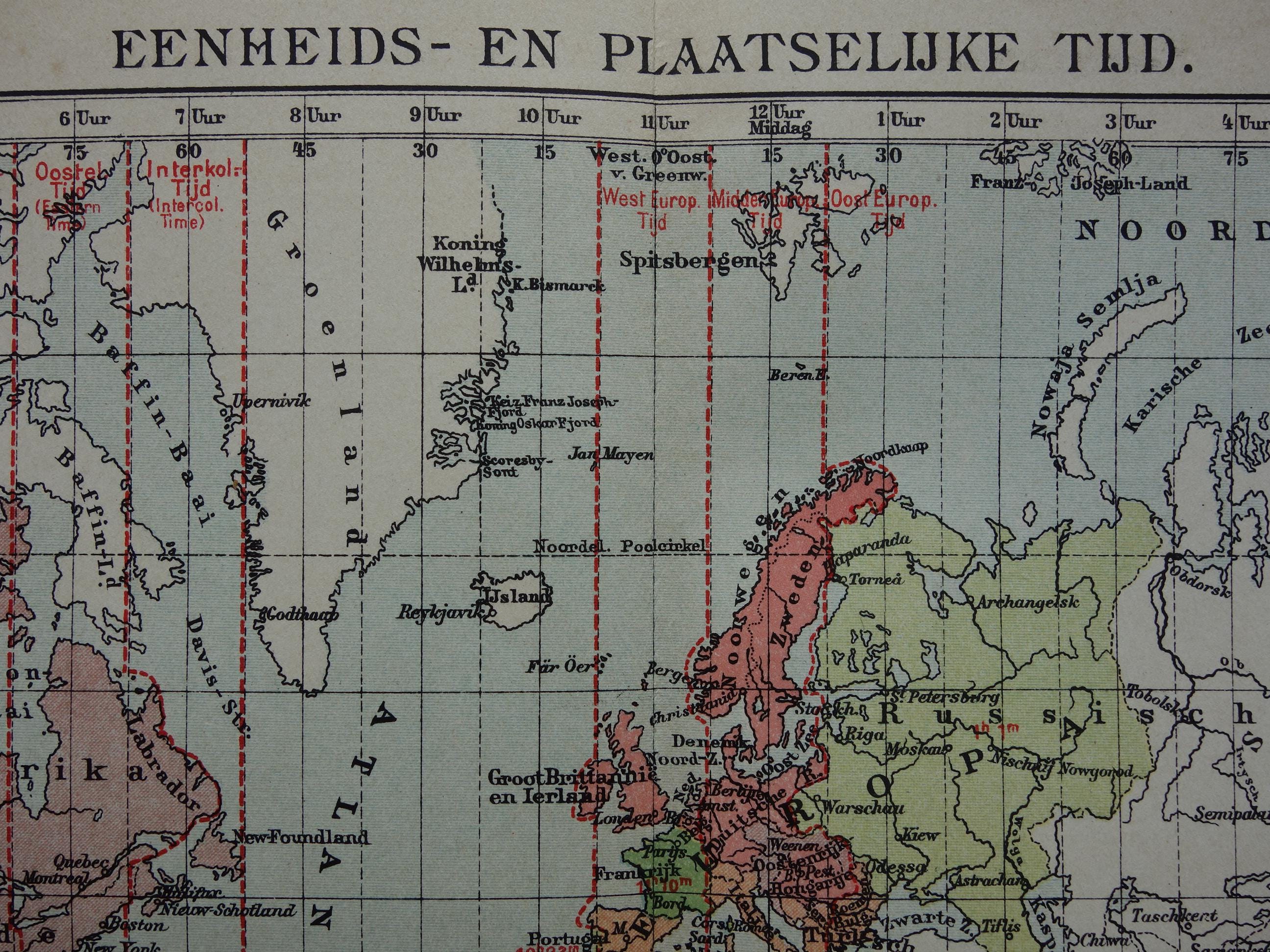World Time Zone Map Vintage Map of the World 1907 Original Old Dutch ...