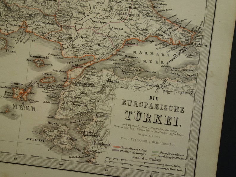 Original 1859 Map of European Turkey Hand-colored Old Print About ...