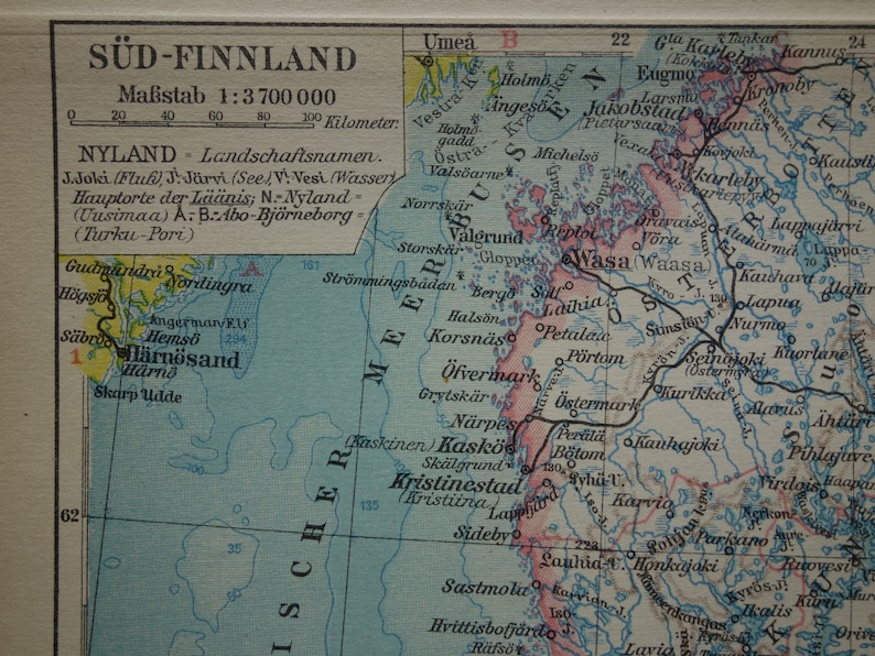 Old Map of Finland Original 1928 Antique Print About Helsinki Turku Åbo ...