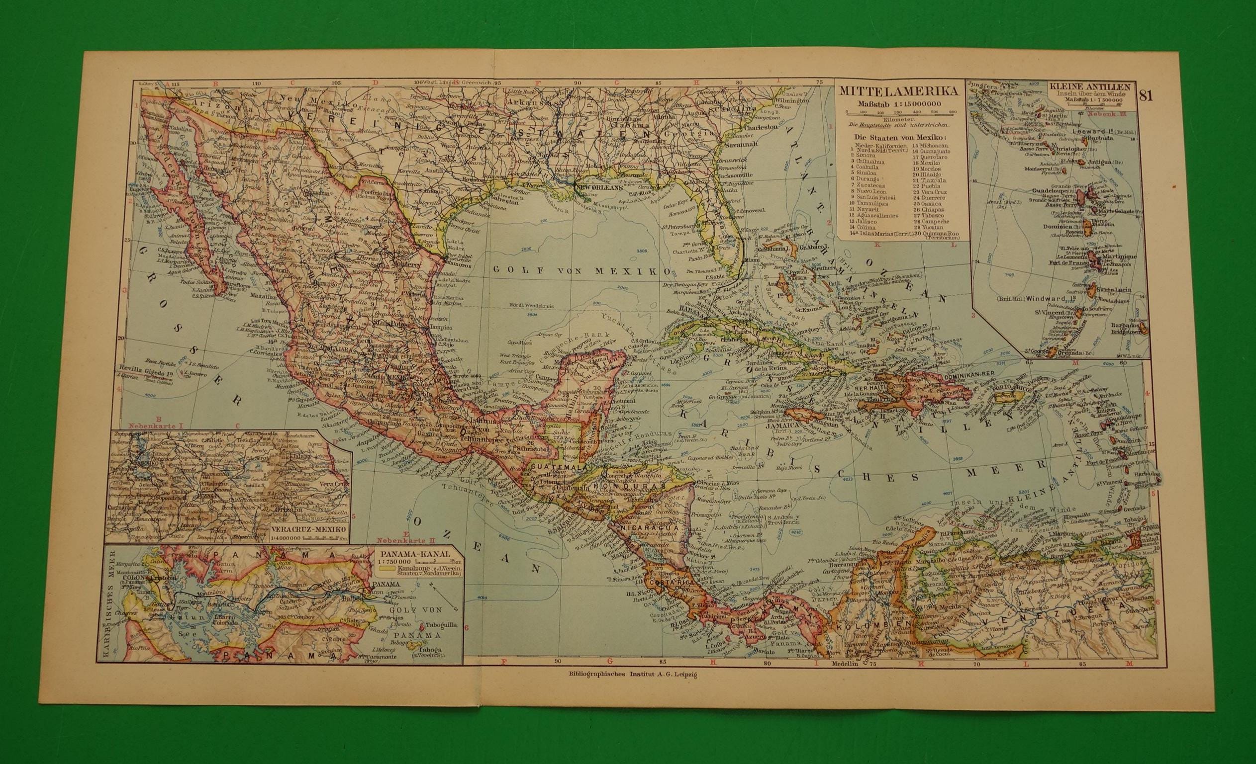 Old Map of Middle America 1931 Original Vintage Print Caribbean ...