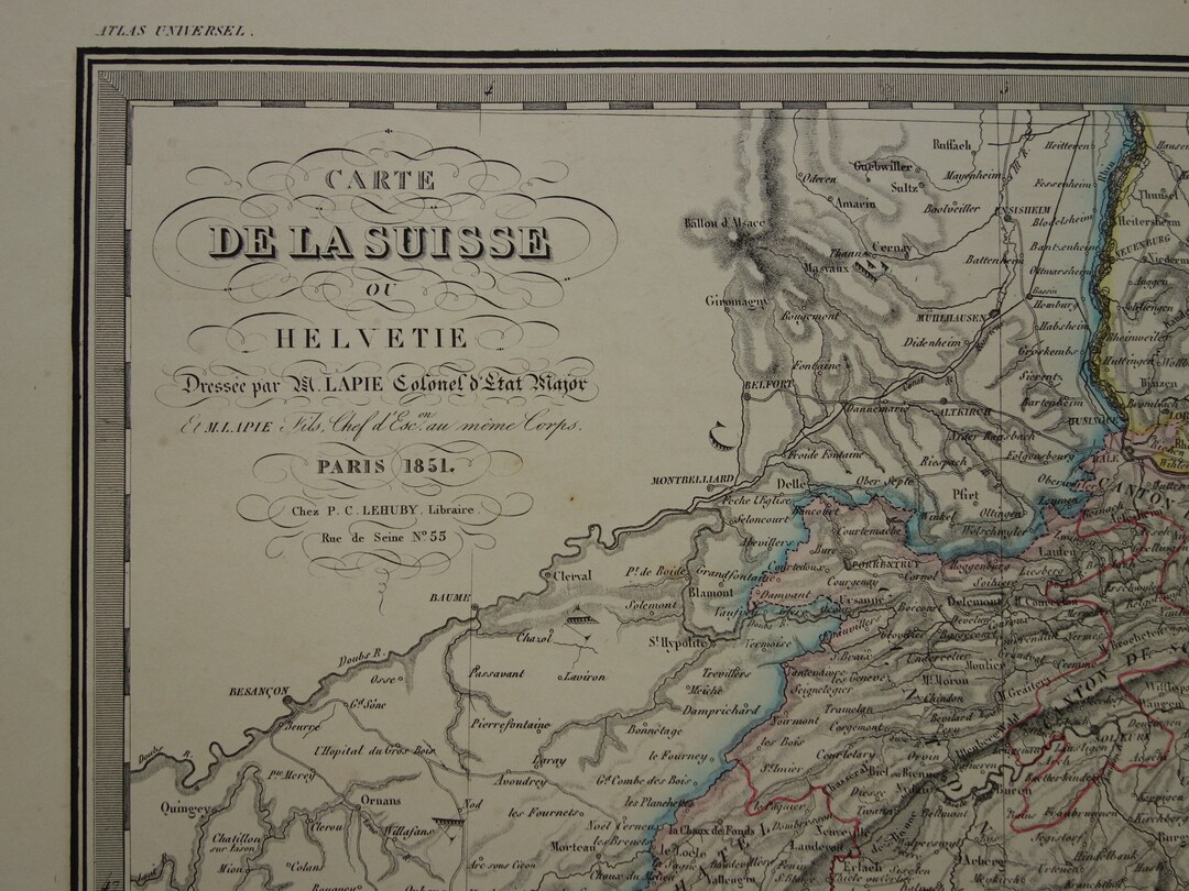 Old SWITZERLAND Map LARGE 1851 Original Antique Hand-colored Print of ...