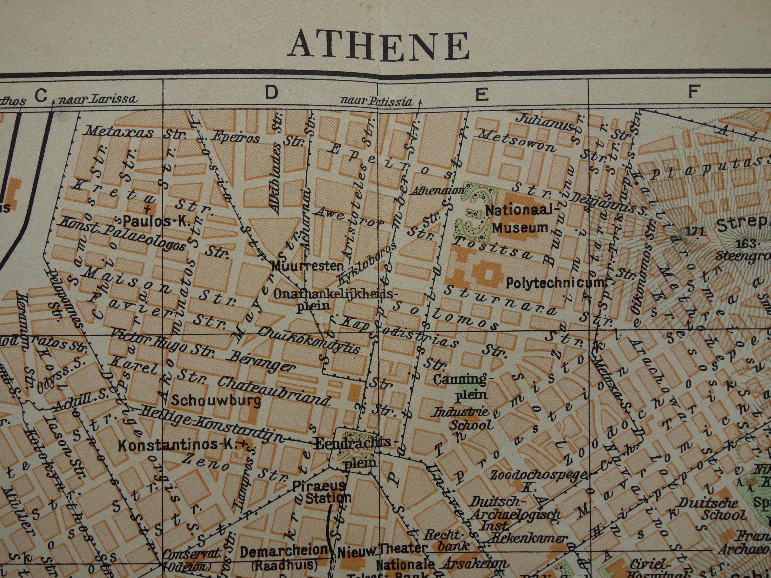ATHENS Old Map of Athens 1936 Vintage Dutch Print Detailed Maps Greece ...