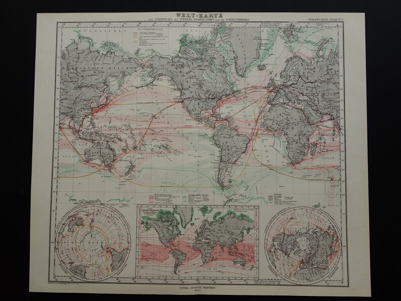 WORLD MAP antique worldmap Beautiful original 1875 transport | Etsy