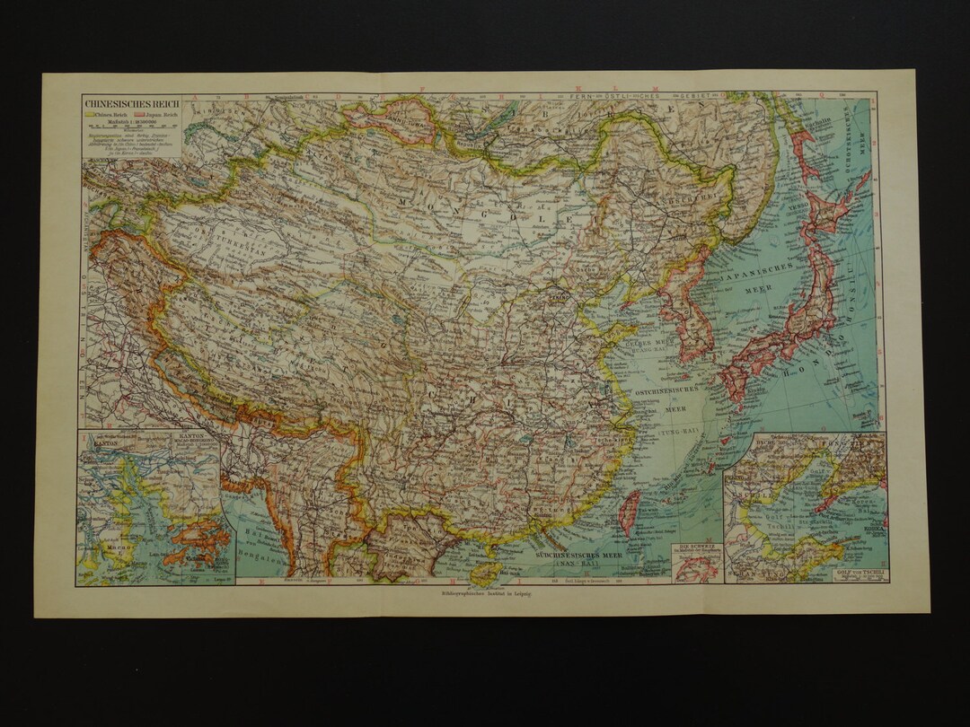 CHINA Old Map of China Antique Large Print Chinese Empire Inset Maps of ...