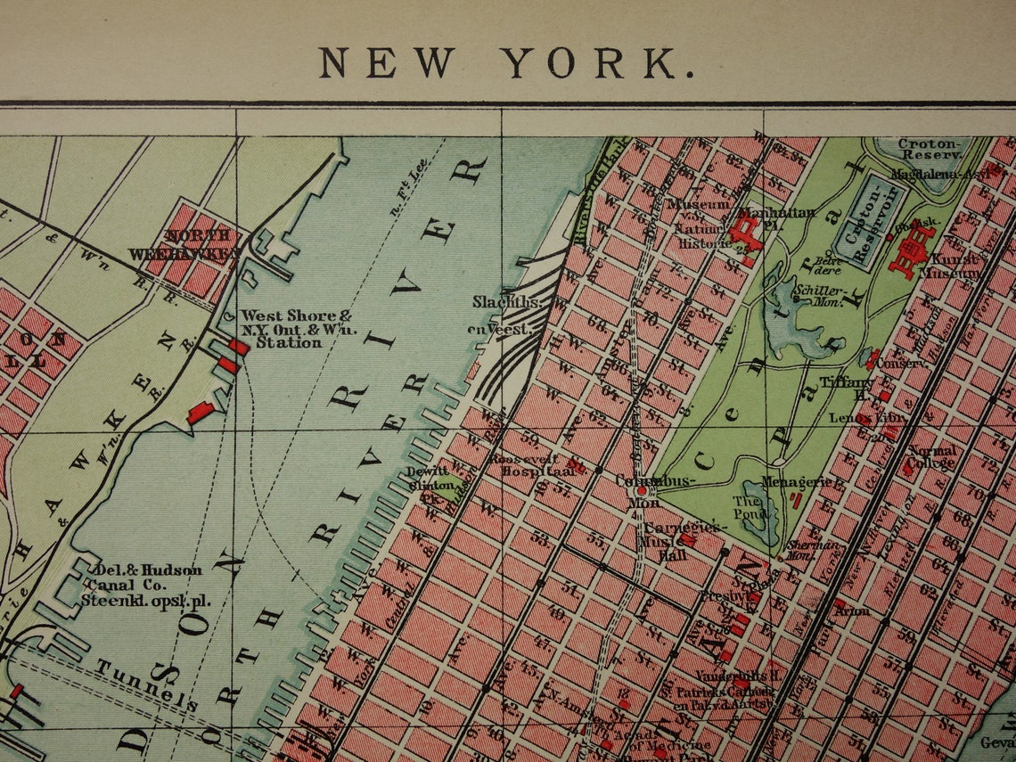 NEW YORK map 1910 antique old print of NY city Manhattan | Etsy