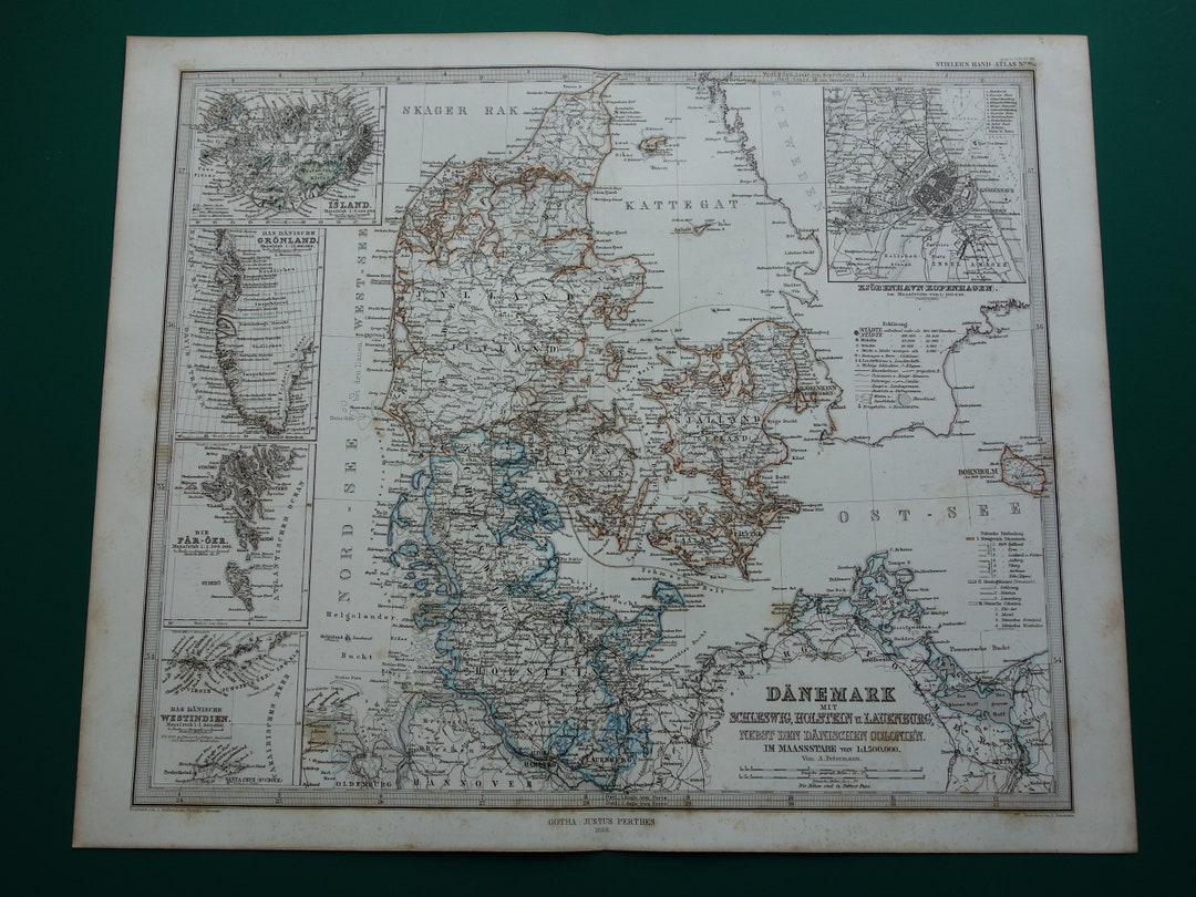 DENMARK Old Map of Denmark LARGE Original 1868 Hand-colored Print About ...