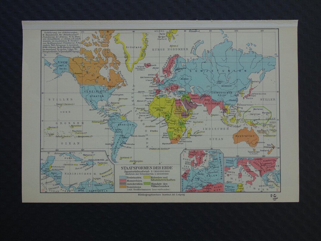 World Map of Forms of Government Small Original Old 1931 German Vintage ...