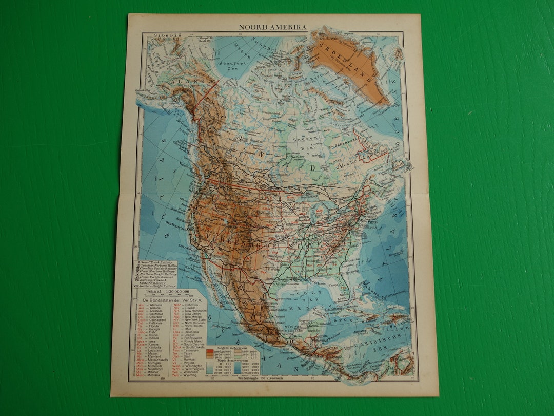 NORTH AMERICA Map Old Altitude Height Map of US Canada Mexico 1937 ...