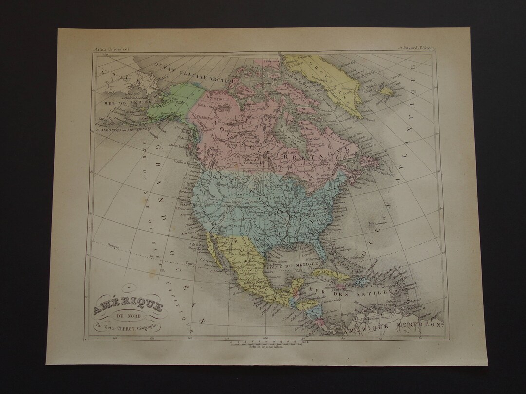 Old North America Map Original 1877 Antique French Print About United ...