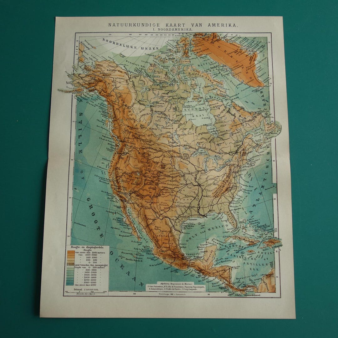 NORTH AMERICA Map - Old Height Map of US Canada Mexico - 1914 Antique ...
