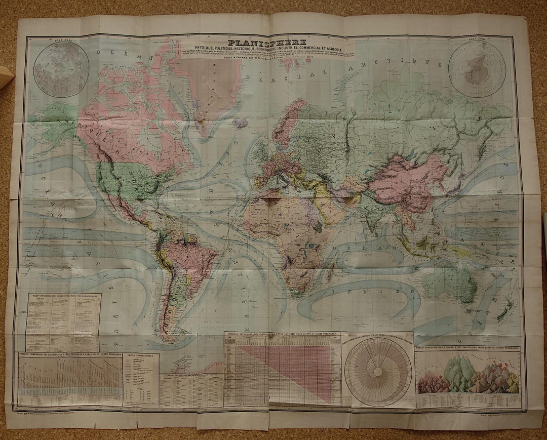LARGE Antique World Map 1876 - Big Old Worldmap - DAMAGED - Planisphere ...