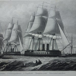 German Fleet Old Naval Print From 1870 Original Antique Ship Tall Ships ...
