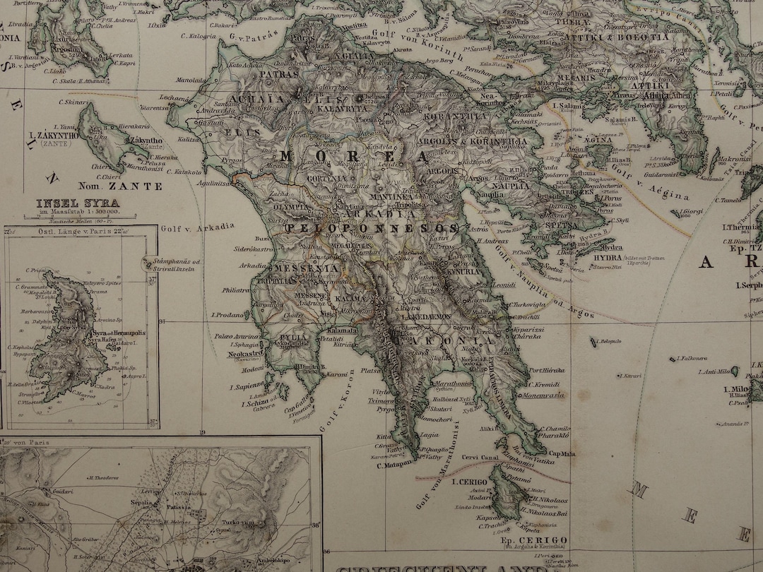 Old Map of Greece From 1876 Original Antique Print Athens Piraeus ...