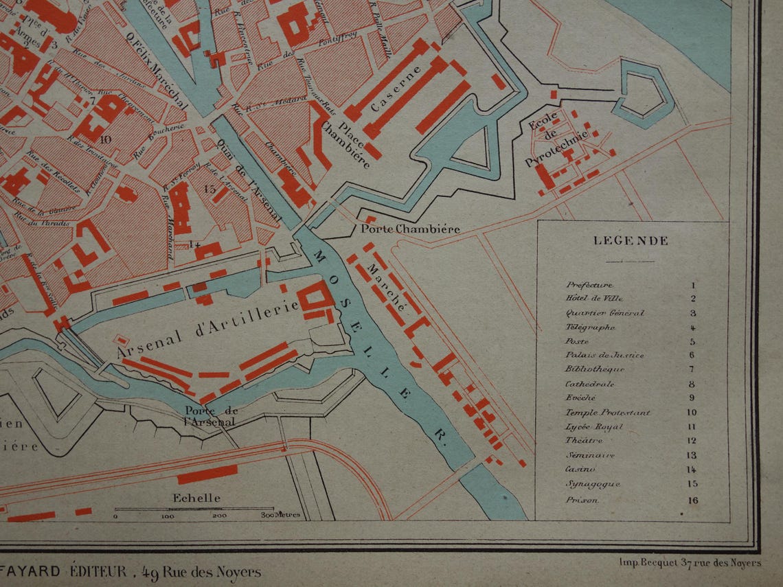 METZ Old Map Original 1877 Antique French Print of Metz France Vintage ...