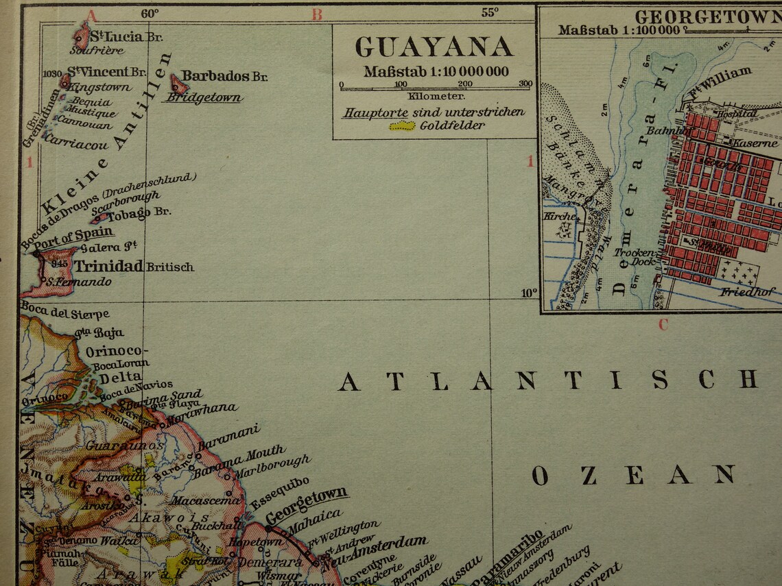 GUYANA Old Map of British and French Guyana Surinam 1926 | Etsy