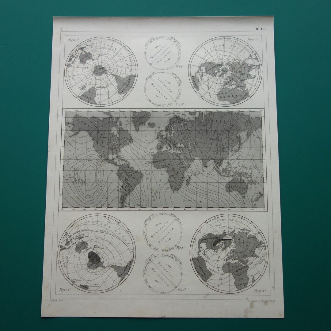 EARTH'S MAGNETIC FIELD Antique Worldmap 170+ Years Old Vintage Science ...