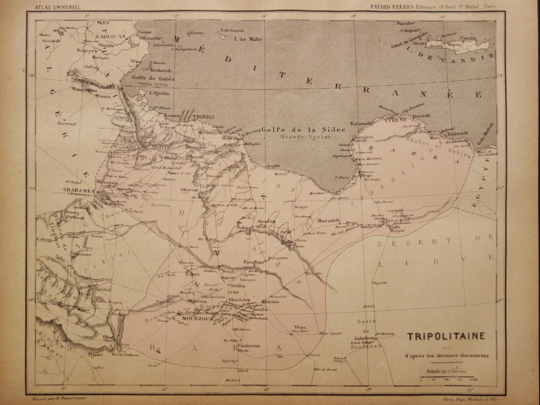 LIBYA Old Map of Libya Tripoli 1896 Original Antique Hand-colored Print ...