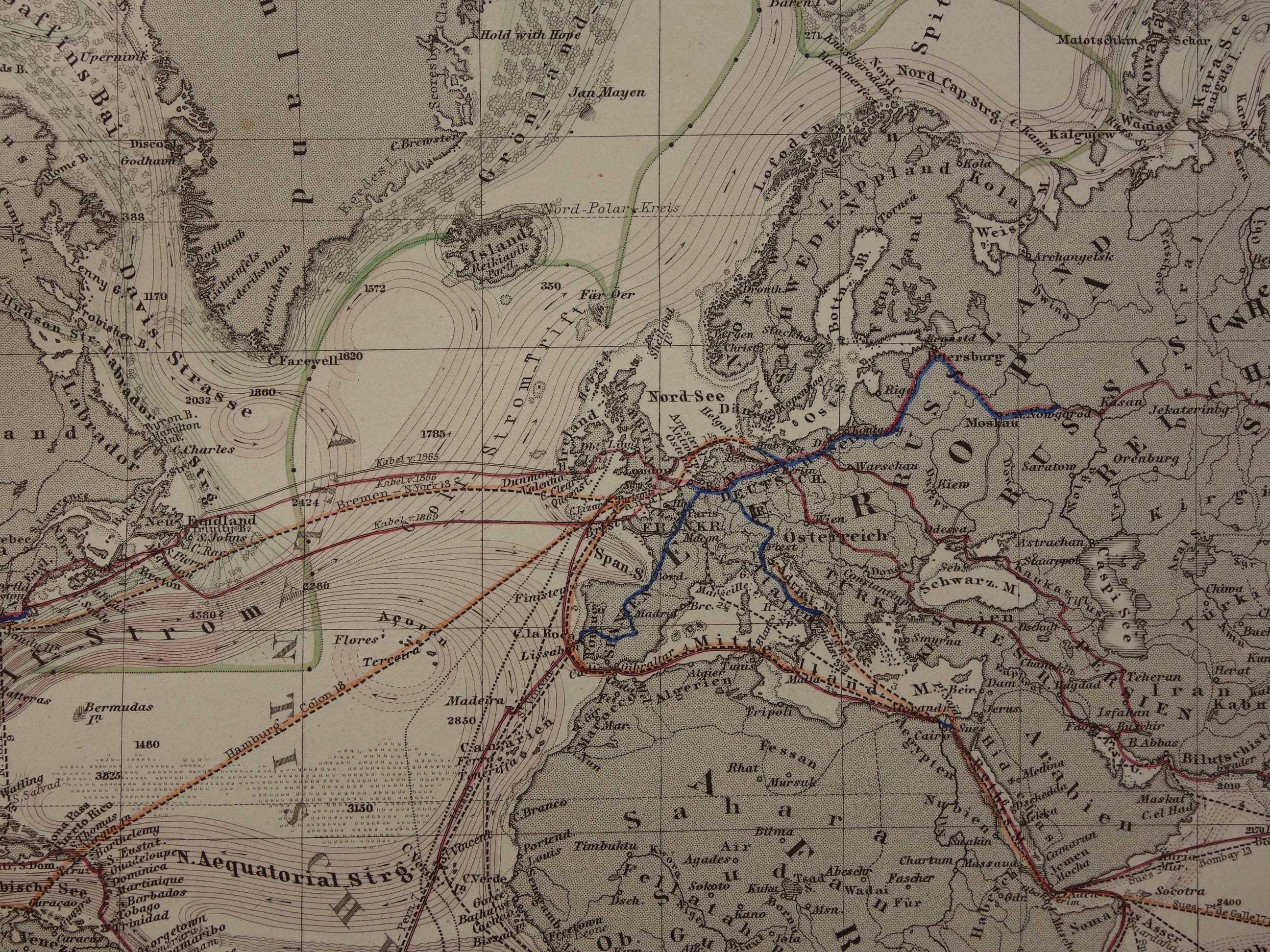 WORLD MAP Antique Worldmap Beautiful Original 1880 Transport World Maps ...