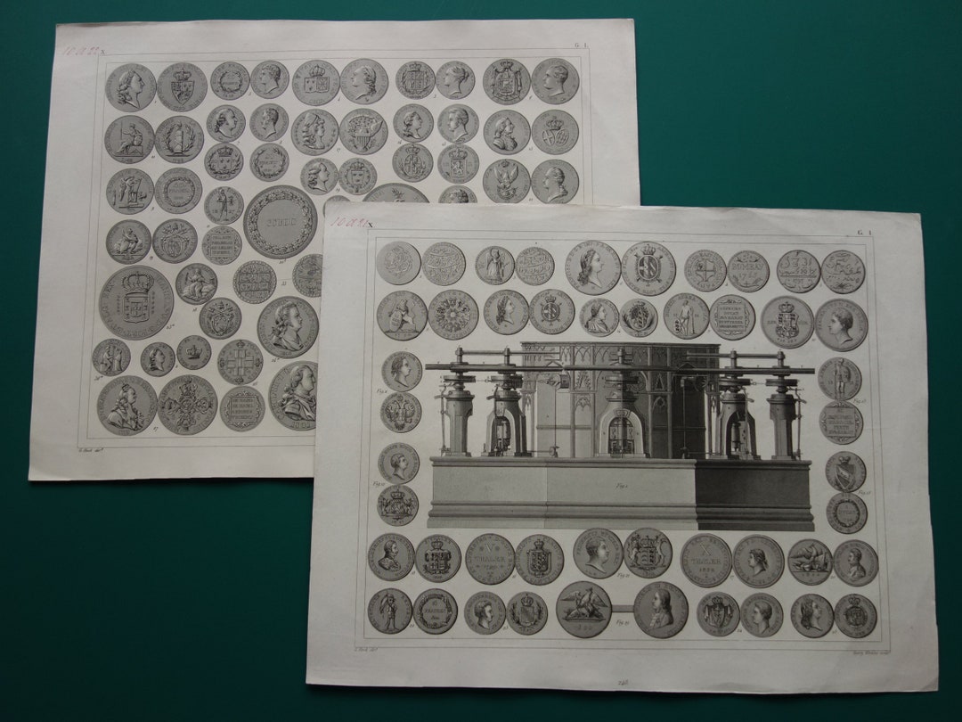 COINS Old Prints of Coin Mint Original 1849 Print Set With Pictures of ...