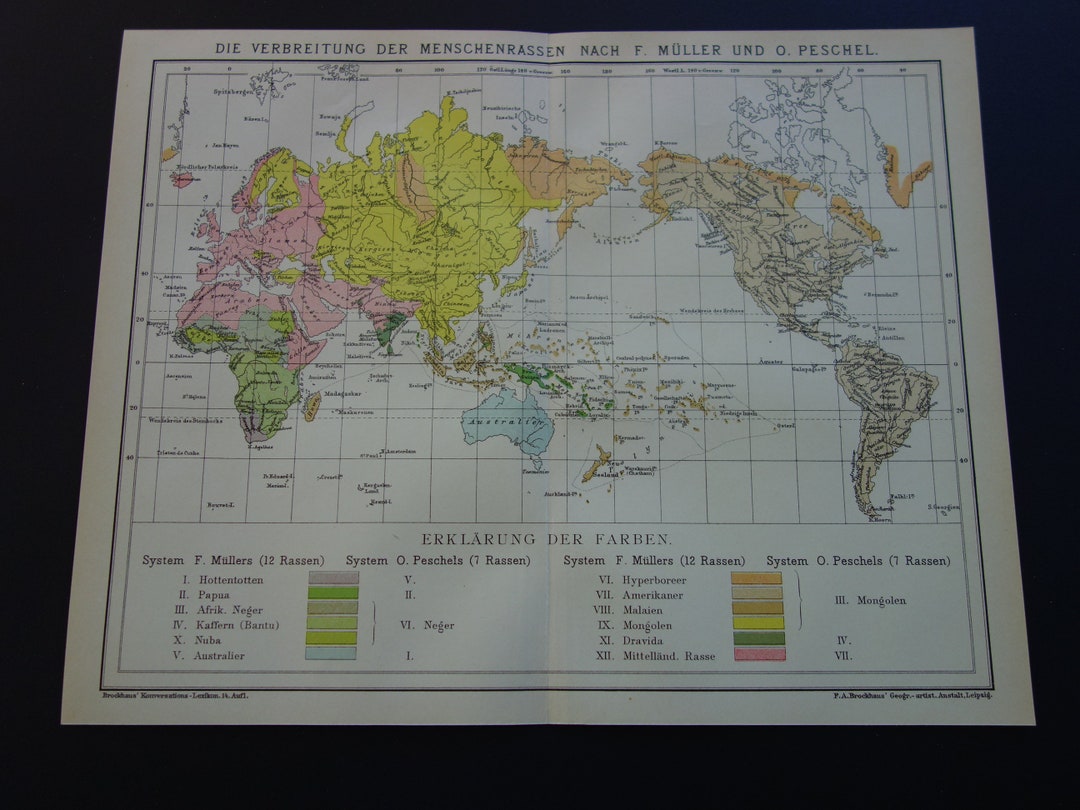 Old ETHNOGRAPHIC WORLD MAP Original German Antique Worldmap About Human ...