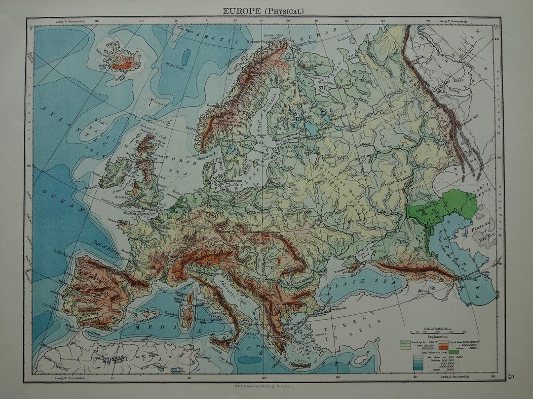 Old Map of Europe 1901 Original Antique English Print About Altitude ...