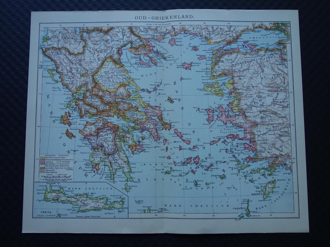1917 GREECE Old Map of Greece in Antiquity - Original Detailed Dutch ...