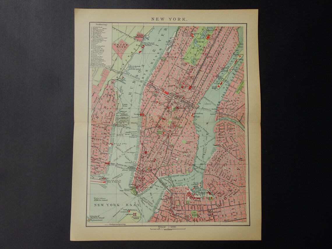 NEW YORK map 1910 antique old print of NY city Manhattan | Etsy