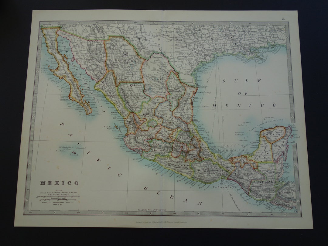 LARGE Old Map of Mexico Original 1921 Vintage Poster of Mexico Estados ...